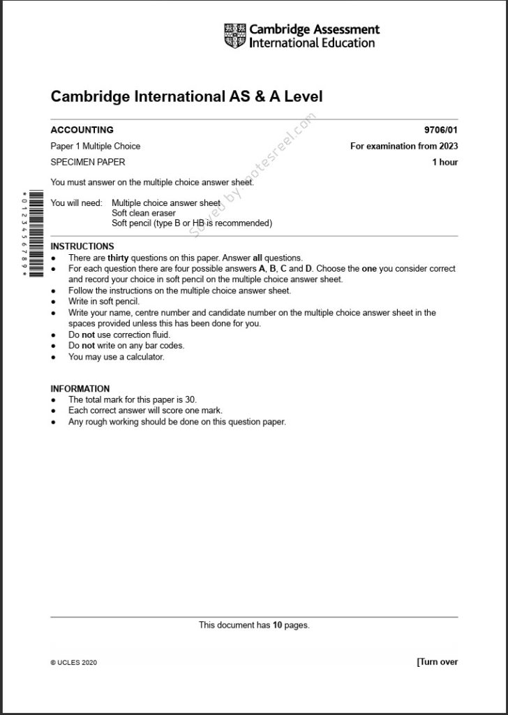 Accounting 9706/01 MCQs Solved Paper Specimen 2023 AS & A Level Accounting 9706/01 MCQs Solved Paper Specimen 2023 AS & A Level