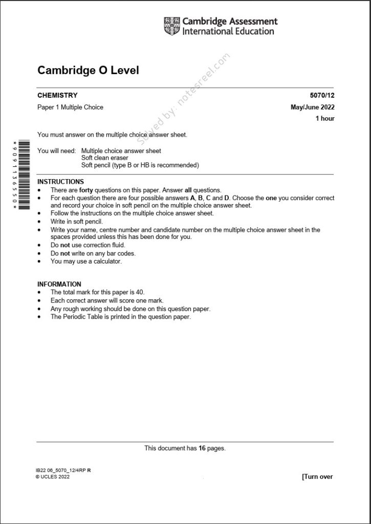 Chemistry 5070/12 MCQs Solved Paper June 2022 O Level