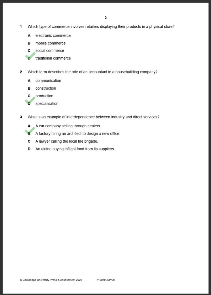 Commerce 7100/01 MCQs Solved Paper SPECIMEN 2026 O Level